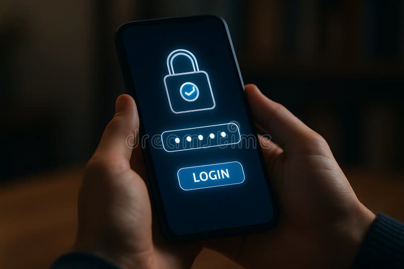 Person Logging into Smartphone with Glowing Padlock and Password Entry ...