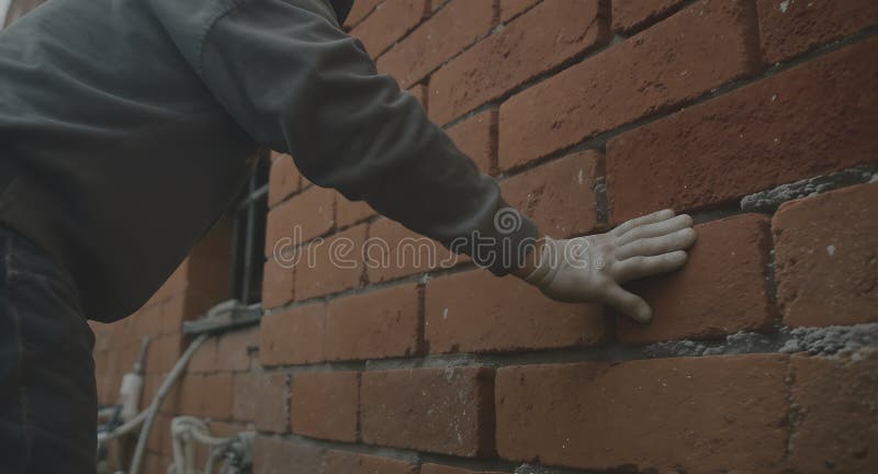 Person Touches a Brick on an Old Red Brick Exterior Wall Stock ...