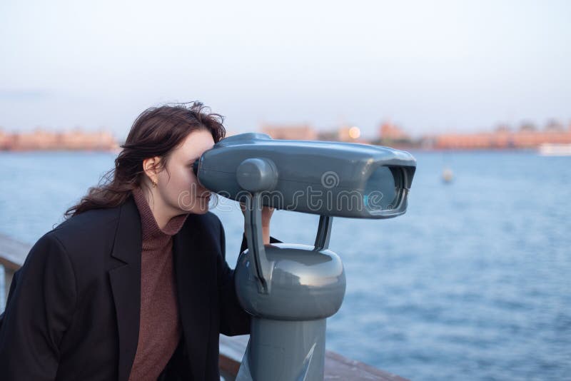 Person Looking in Binoculars Telescope on Observation Deck for Tourist ...