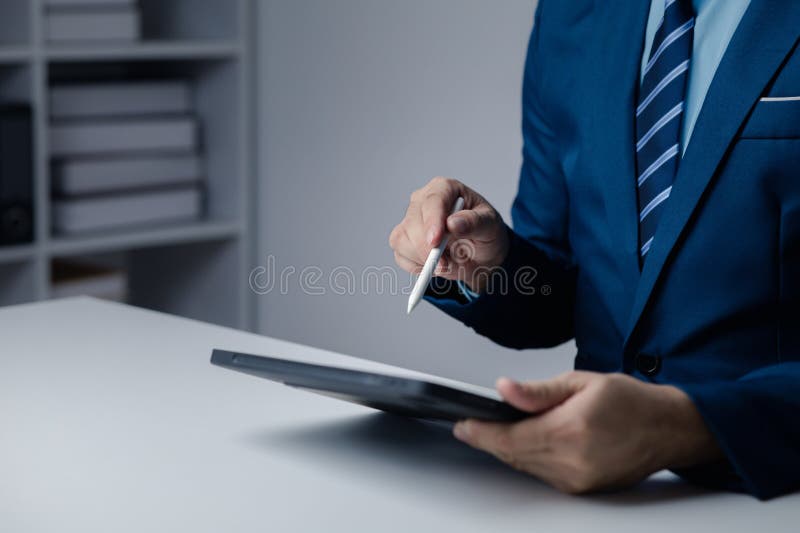 Person Looking at Data on Tablet, Businessman Owner of Startup Company ...
