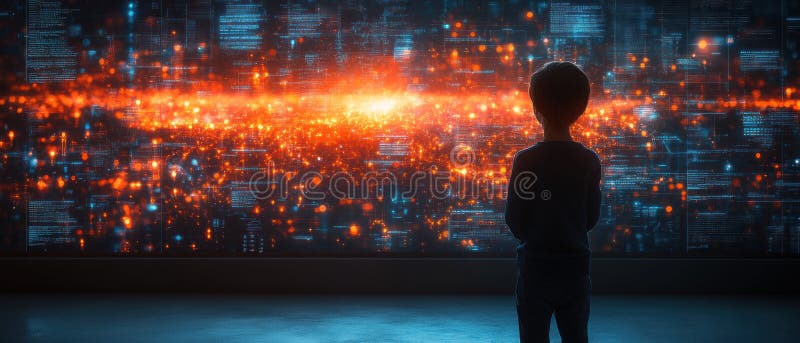 Child Observing Futuristic Data Stream on Giant Screen Stock Image ...