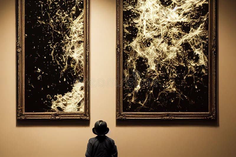 Person Looking at the Framed Paintings with Splashed White Paint in the ...