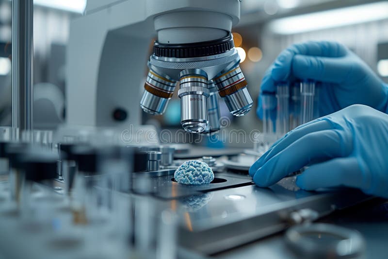 Engineer Examines Metal Auto Part through Electric Blue Glass in Lab ...