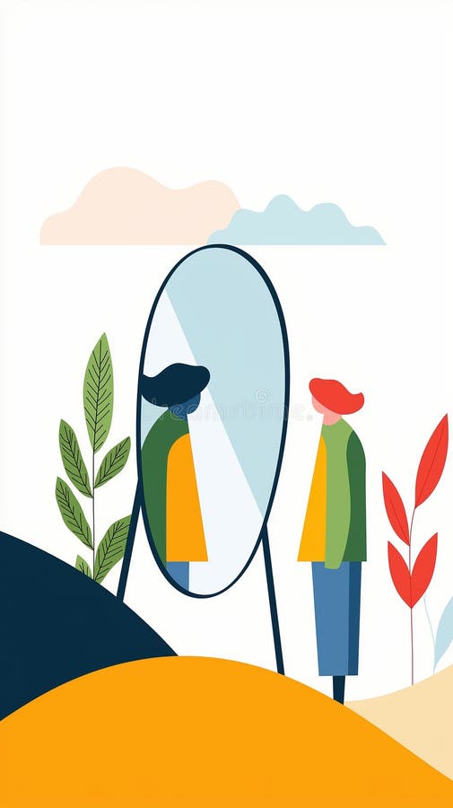 Person Looking into a Mirror, Deep in Reflection, Flat Design ...