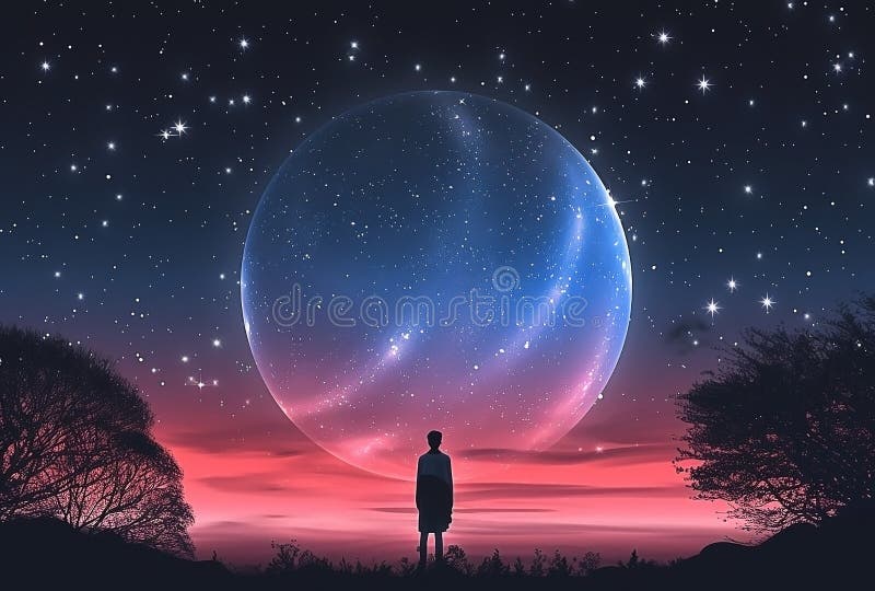 Person Looking at the Moon on Starry Sky Silhouette with Dark Blue and ...