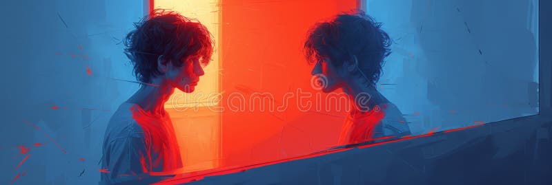 Person Looking at Their Reflection in a Red and Blue Light, Symbolizing ...