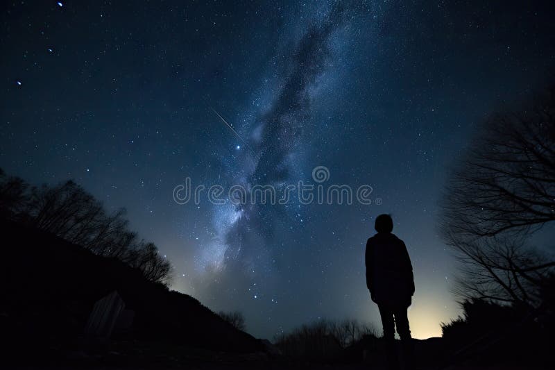 Person, Looking Up at Night Sky, with View of the Stars and Planets ...