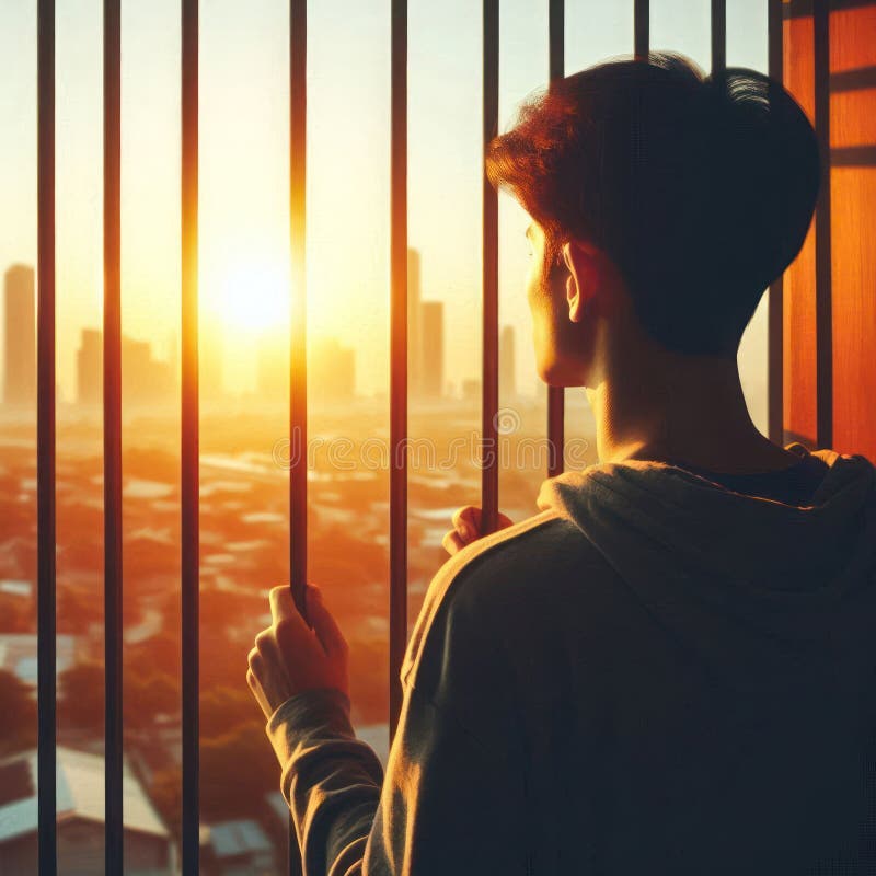 A Person Looks through the Bars at the Sunset, a Symbol of Freedom and ...
