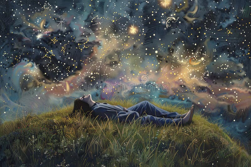 A Person is Lying on a Grassy Hill, Looking Up at a Starry Night Sky ...