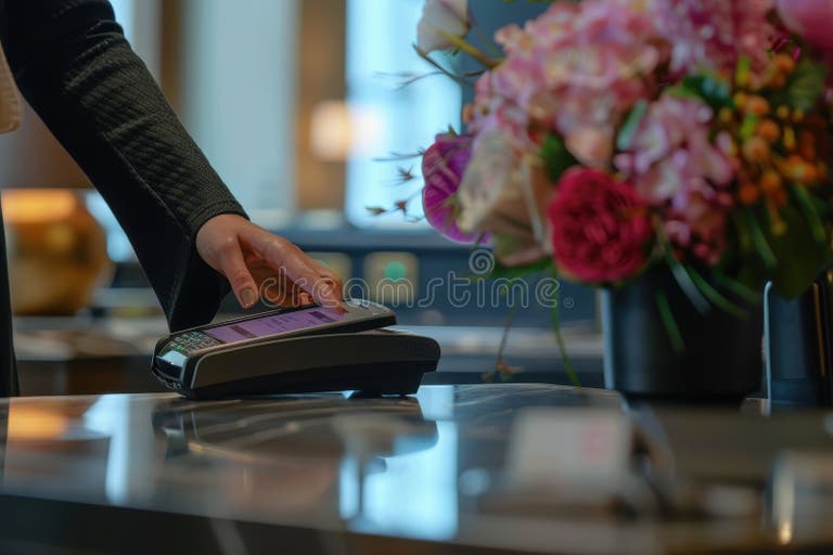 A Person Makes a Contactless Payment at a Reception Desk Using a ...