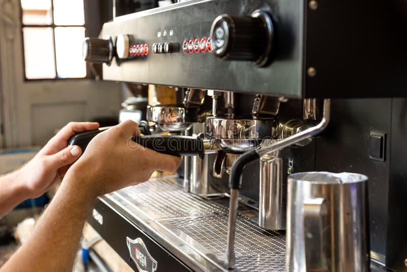 Person Making Coffee with a Coffee Machine in a Cafe Stock Photo ...