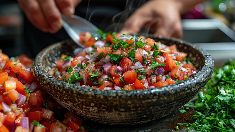 A Person Making Fresh Salsa with Traditional Tools. Stock Image - Image ...