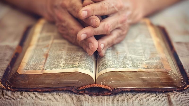 Person Clasping Hands Over Open Book, Praying with Reverence and ...