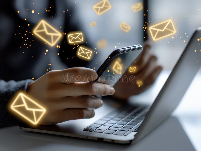Person Manages Emails on Smartphone and Laptop in Digital Work ...