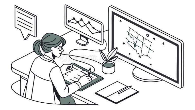 Person Managing Data on Multiple Screens, Workflow Efficiency, Vector ...