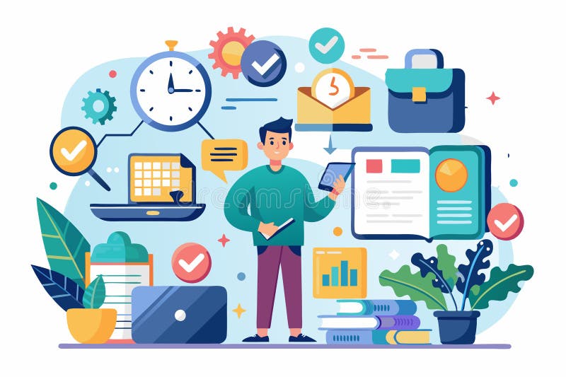 A Person is Managing Tasks with a Tablet, Surrounded by Graphical ...