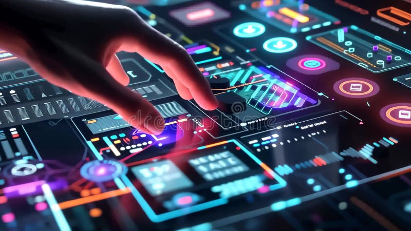 A Hand Interacts with a Vibrant, Holographic Digital Interface at a ...