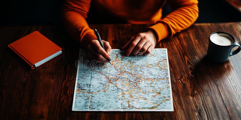 Person Mapping Out a Journey with a Pen on a Geographic Map in a Cozy ...