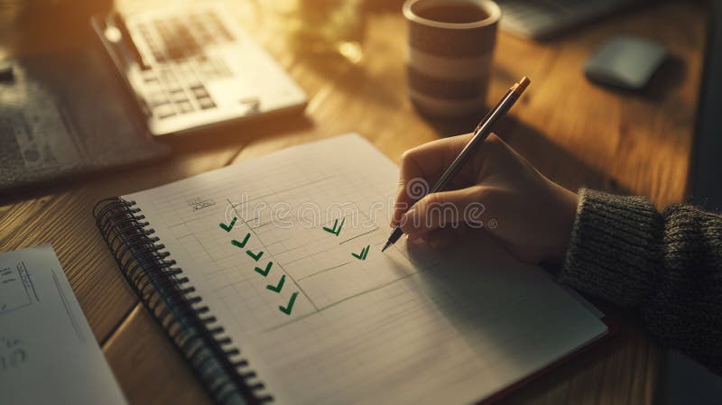 Person Marking Green Checklist on Notepad at Desk Stock Illustration ...