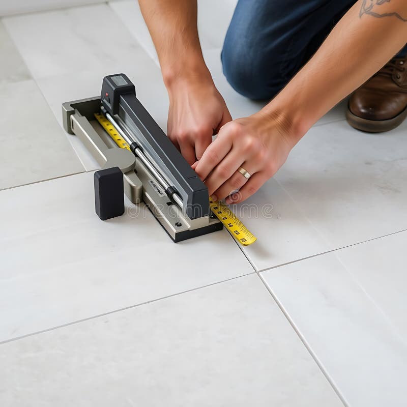 A Person Measuring and Marking Tiles before Cutting Using a Tile Cutter ...