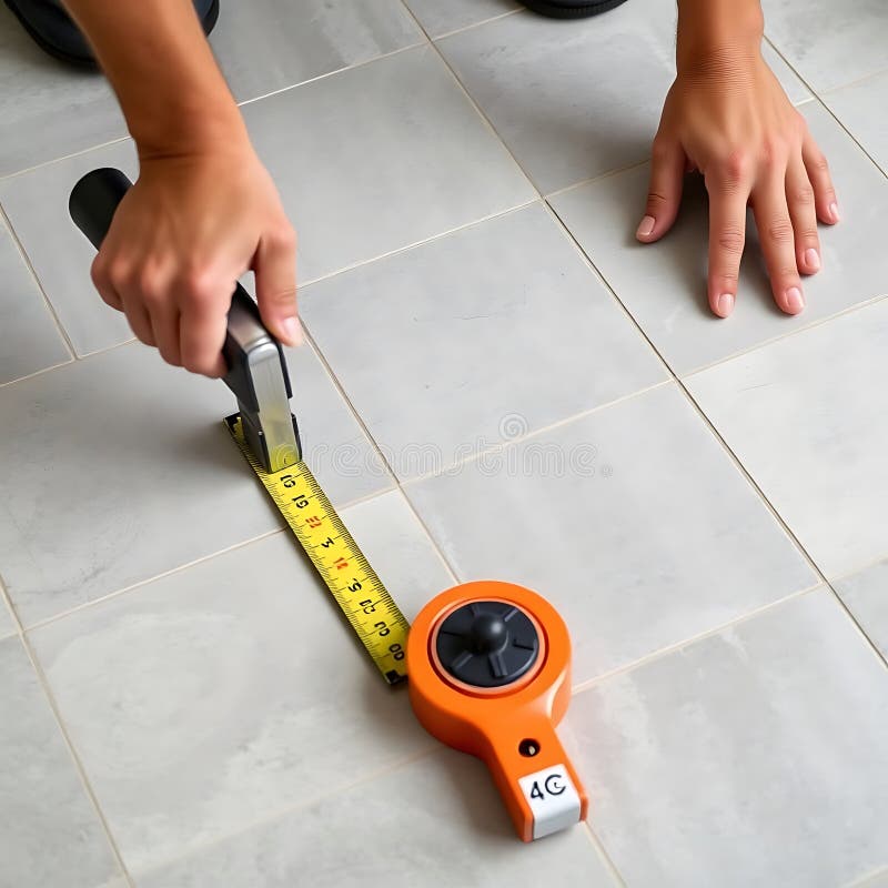A Person Measuring and Marking Tiles before Cutting Using a Tile Cutter ...