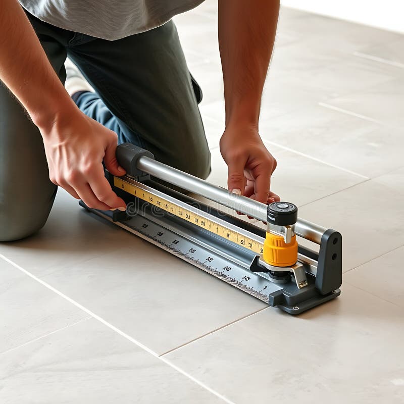 A Person Measuring and Marking Tiles before Cutting Using a Tile Cutter ...