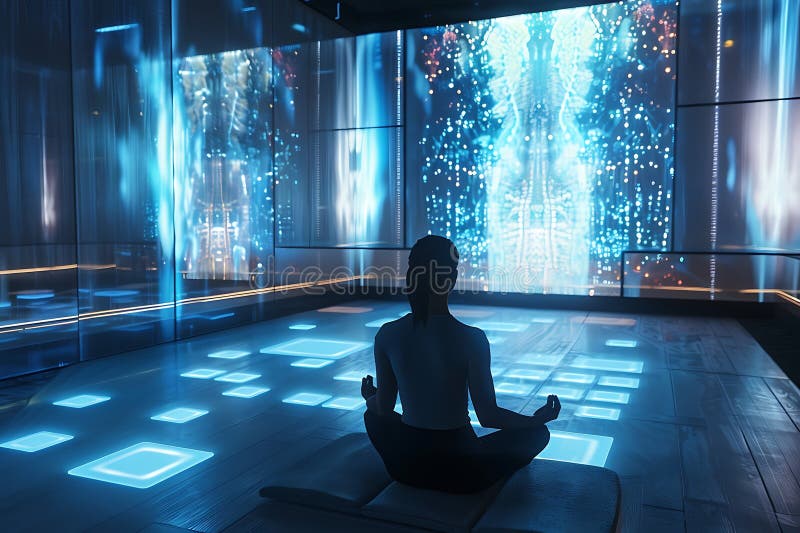 Futuristic Meditation Room Digital Art, Serene Yoga, Blue Lights ...