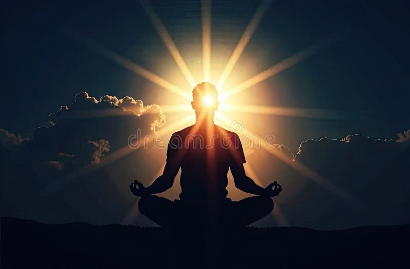 Silhouette of a Person Meditating at Sunrise with Dramatic Light Rays ...