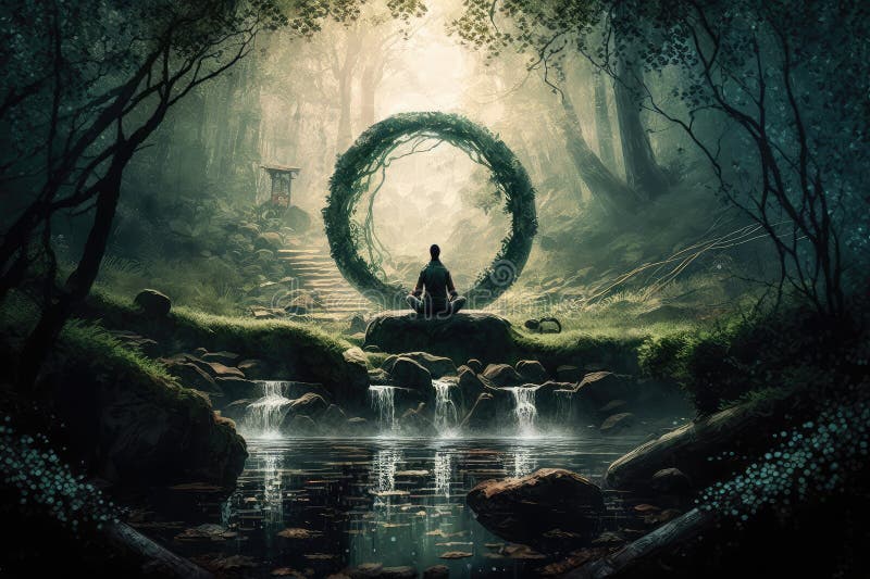 Person, Meditating in Forest, Surrounded by Nature Stock Illustration ...
