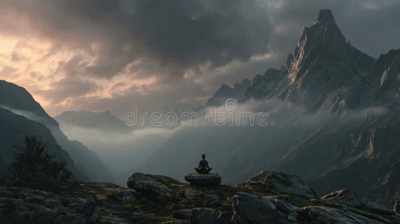 Person Meditating on Mountain Cliff at Sunset with Dramatic Sky ...