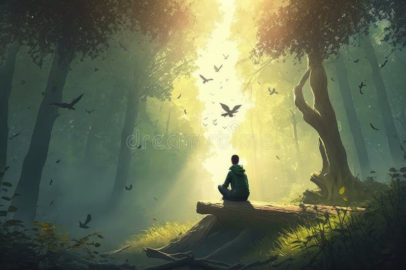Person, Meditating in Peaceful Forest Setting, with Birds Chirping and ...