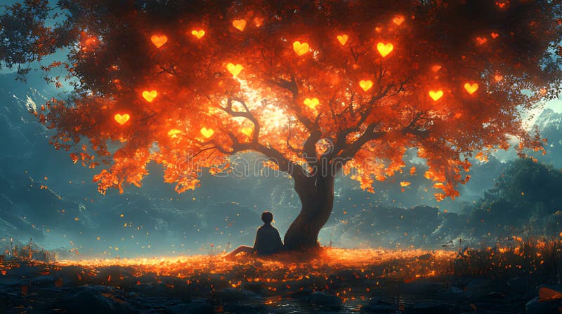 Person Meditating Under Glowing Heart-lit Tree in Magical Forest ...