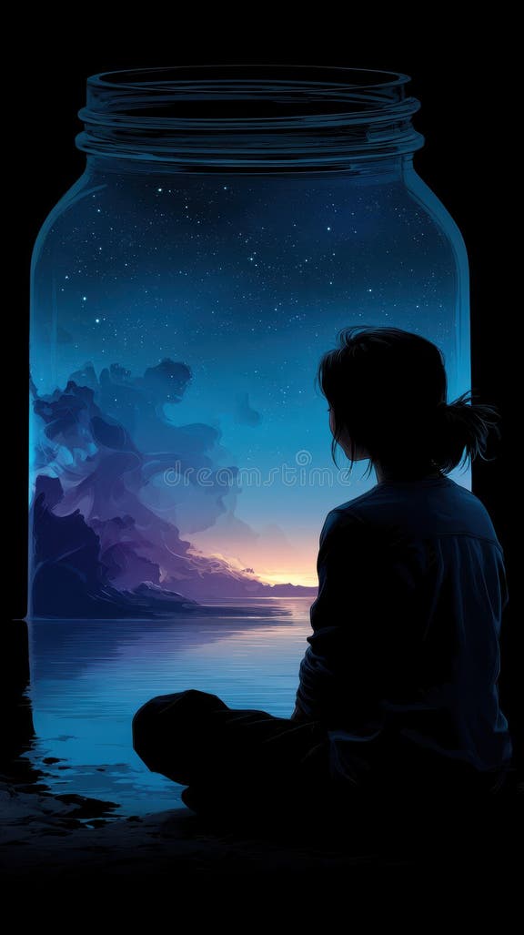 Person Meditating by Water at Night, Mind Visualized As Clear Jar Under ...