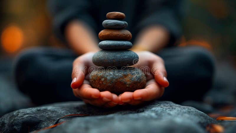 Person in Meditation with a Balanced Rock Formation in Hands. AI ...