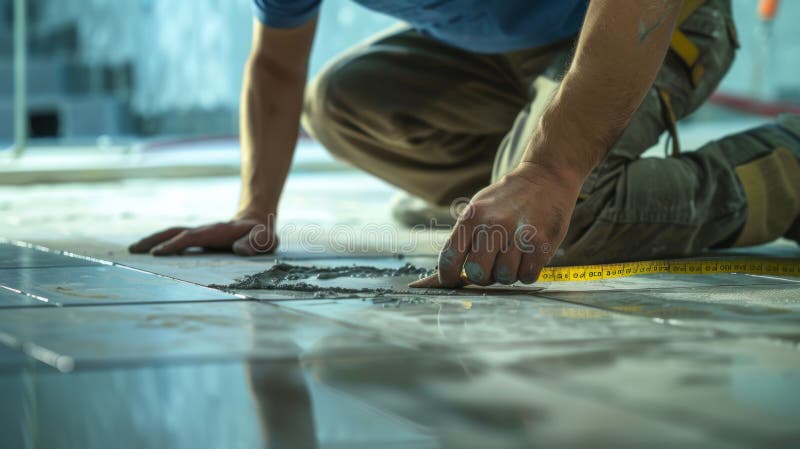 A Person is Meticulously Laying and Measuring Tiles on a Floor..AI ...