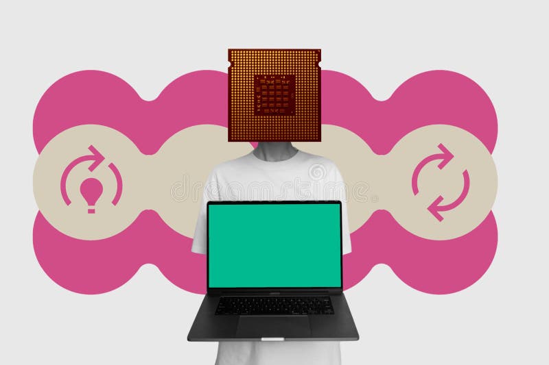 Person with Microchip Head Holding Laptop with Green Screen Stock Photo ...