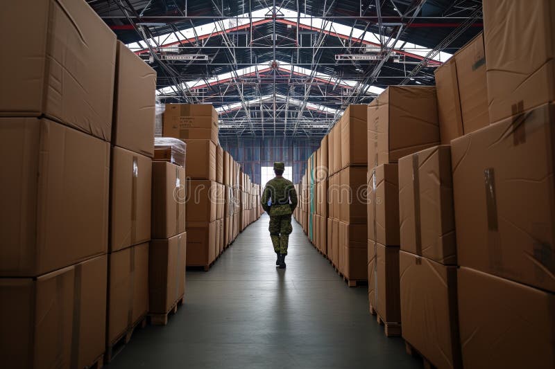 Person in Military Uniform Walking between Large Boxes in Hangar Stock ...