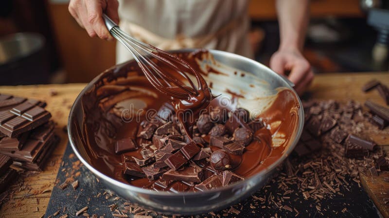 A Person is Mixing Melted Chocolate in a Bowl Using a Whisk Stock ...