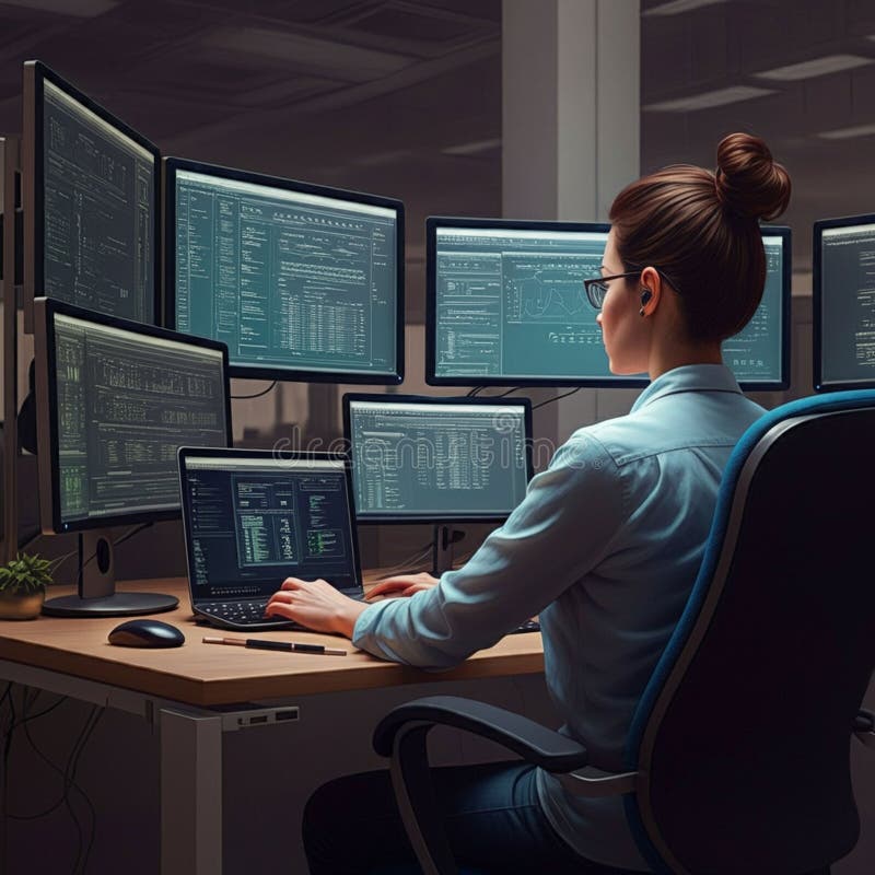 A Person in a Modern Office Setting Works at a Desk with Six Computer ...