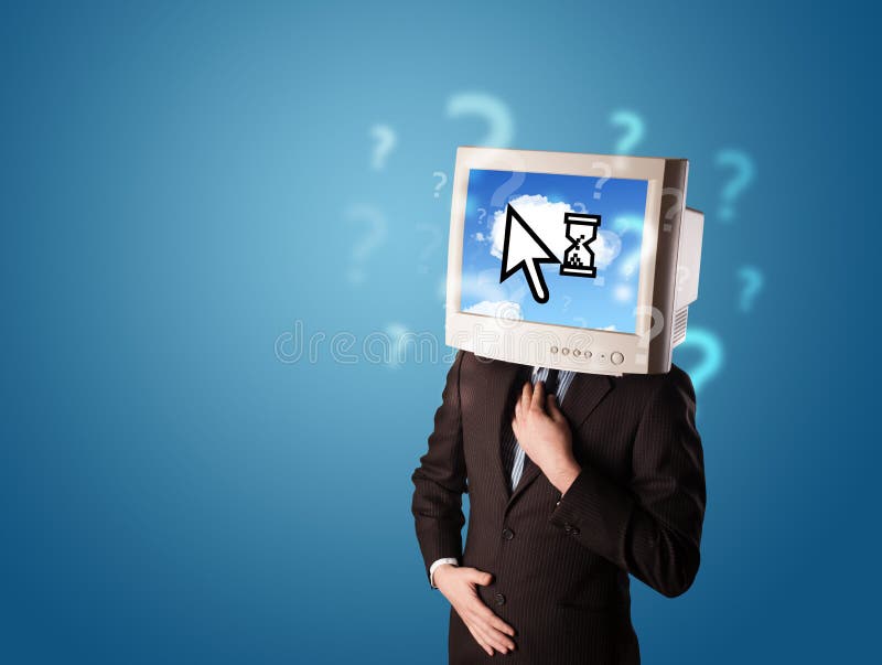 Person with a Monitor Head and Cloud Based Technology on the Screen ...
