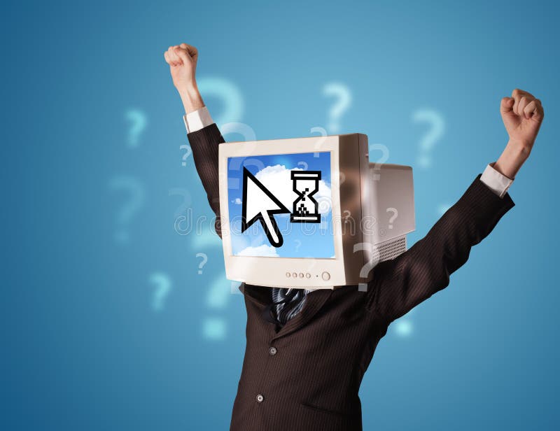 Person with a Monitor Head and Cloud Based Technology on the Screen ...