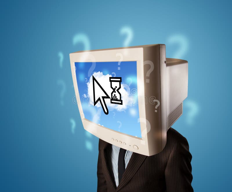 Person with a Monitor Head and Cloud Based Technology on the Screen ...