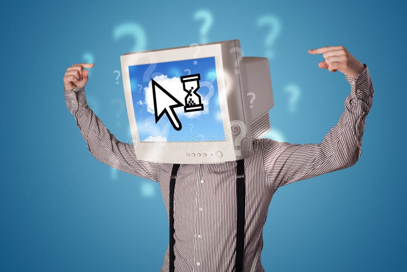 Person with a Monitor Head and Cloud Based Technology on the Screen ...