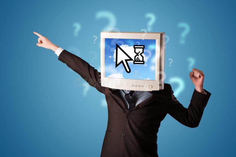 Person with a Monitor Head and Cloud Based Technology on the Screen ...