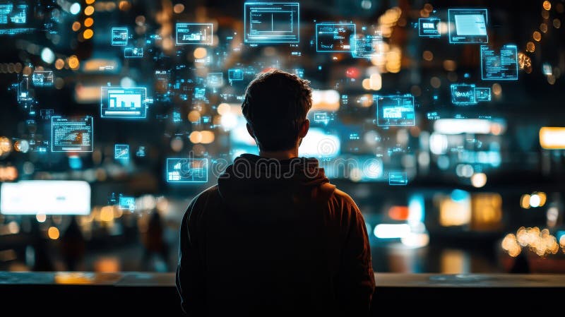 Person Monitoring Multiple Computer Screens on Wall, Glimpse into ...