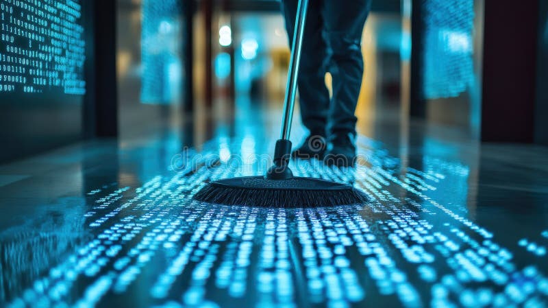Person Mopping Glowing Blue Digital Code Floor Stock Illustration ...