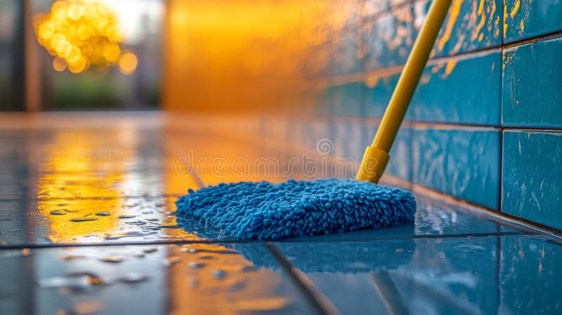 Cleaning Tile Floors during Sunset in a Spacious Modern Interior with ...
