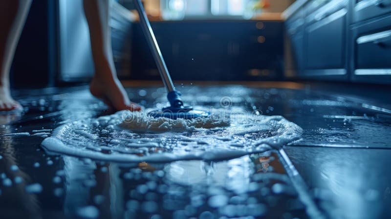 Person Mopping a Wet Floor with Soapy Water in a Kitchen. Stock Photo ...