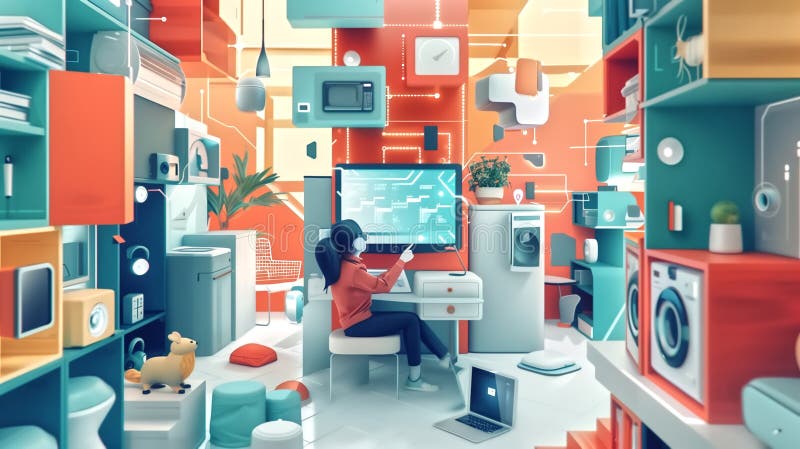 A Person Multitasking in a High-tech Smart Home, Surrounded by D Stock ...