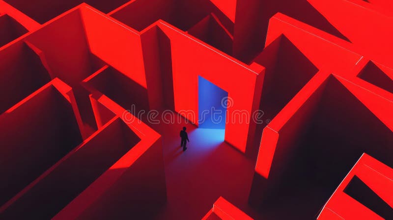 Person in Mysterious Red Maze with Glowing Blue Exit Representing ...